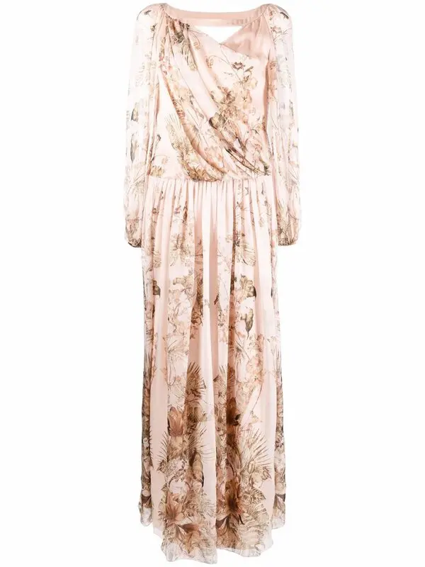Alberta Ferretti Floral Print Draped Maxi Dress - Neutrals