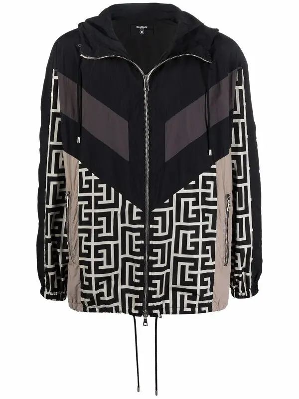 Balmain Geometric Print Zip-up Hooded Jacket - Black