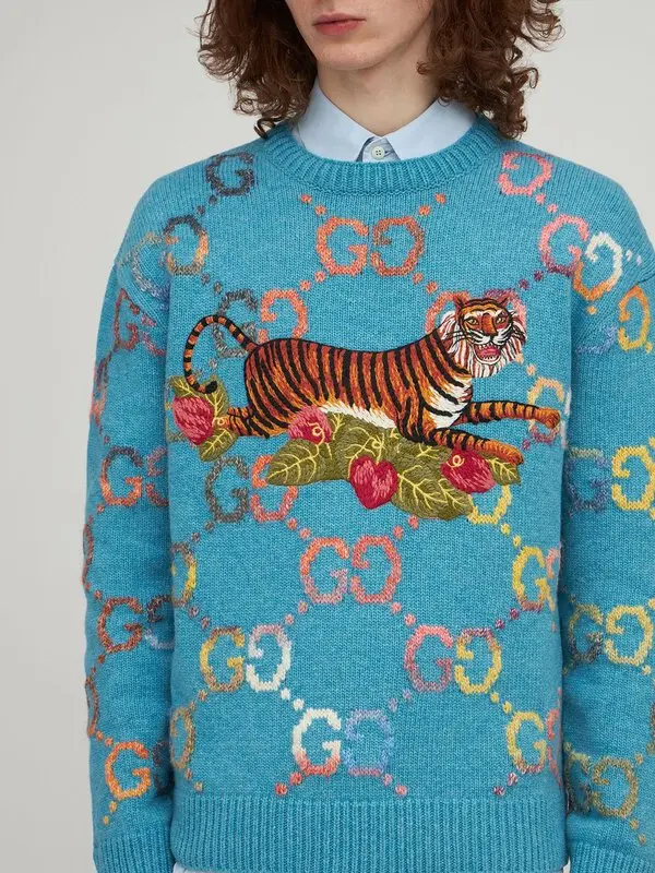Blue Sweater Gucci Green Tiger Sweater Gucci Tiger Gg Jacquard