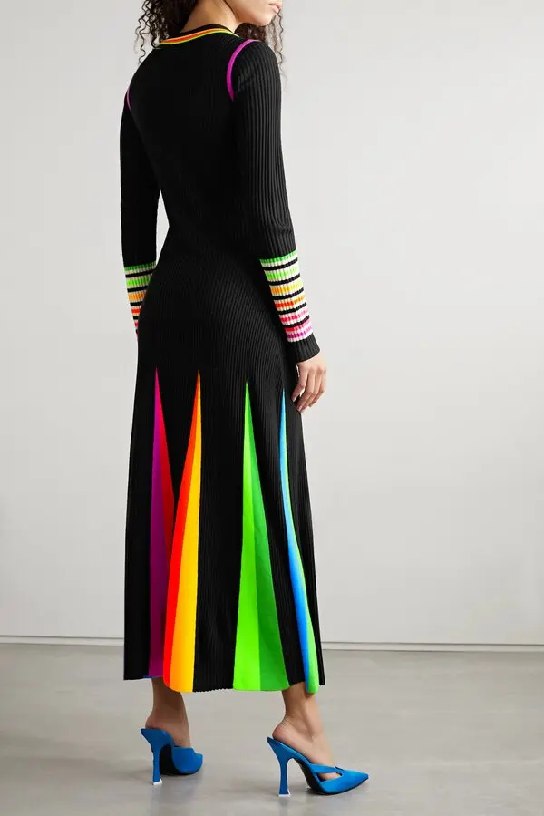 Christopher John Rogers Pleated Striped Ribbed Wool Maxi Dress