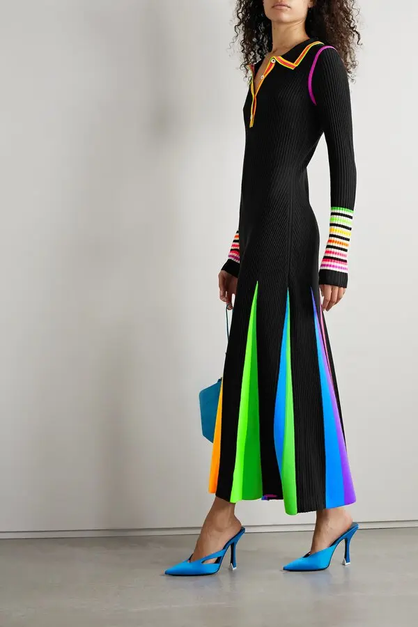 Christopher John Rogers Pleated Striped Ribbed Wool Maxi Dress