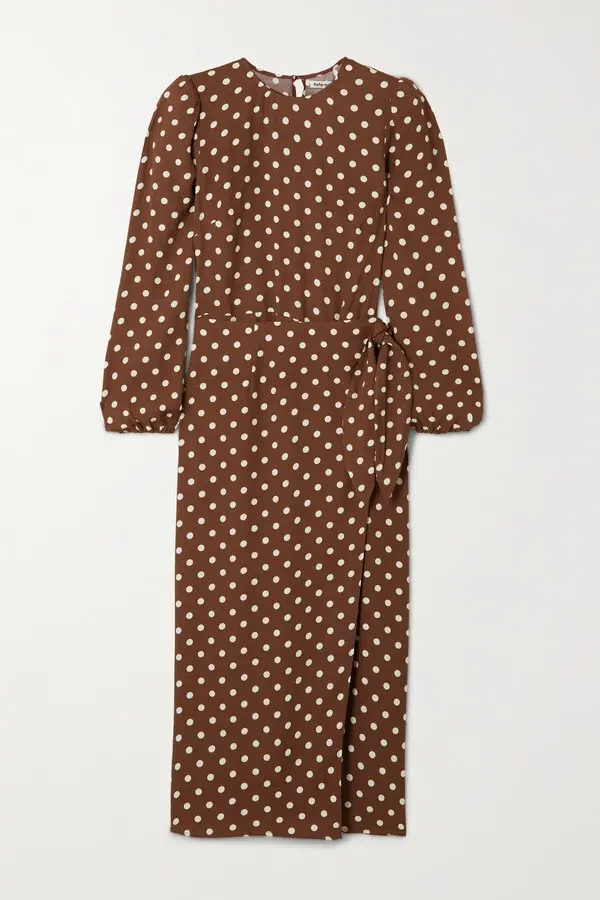 Reformation Reza Wrap-Effect Polka-Dot Crepe Midi Dress In Brown - 50% Off  | Editorialist