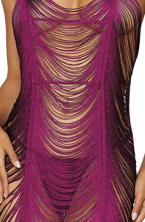 DREAMGIRL Drape Fringe Chemise & G-string Set - Mulberry