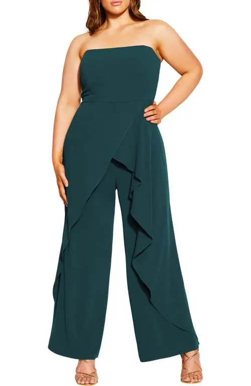 City Chic Strapless Ruffle Jumpsuit - Emerald
