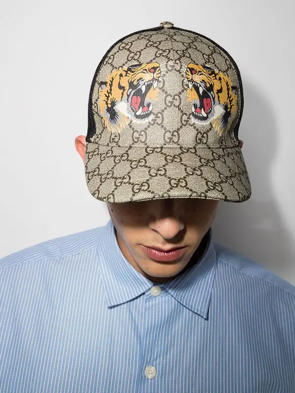 Gucci Beige Tiger Web Baseball Cap Mesh Gg Supreme Classic Gucci GG Supreme Monogram Tiger Print Baseball Hat XS Beige  main image 3