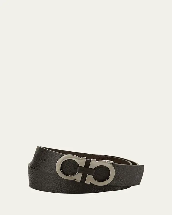 FERRAGAMO Adjustable & Reversible Double-gancini Buckle Leather Belt - Black/hickory