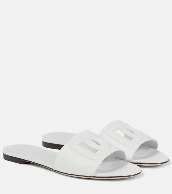 Dolce & Gabbana Logo Cutout Leather Slides - White