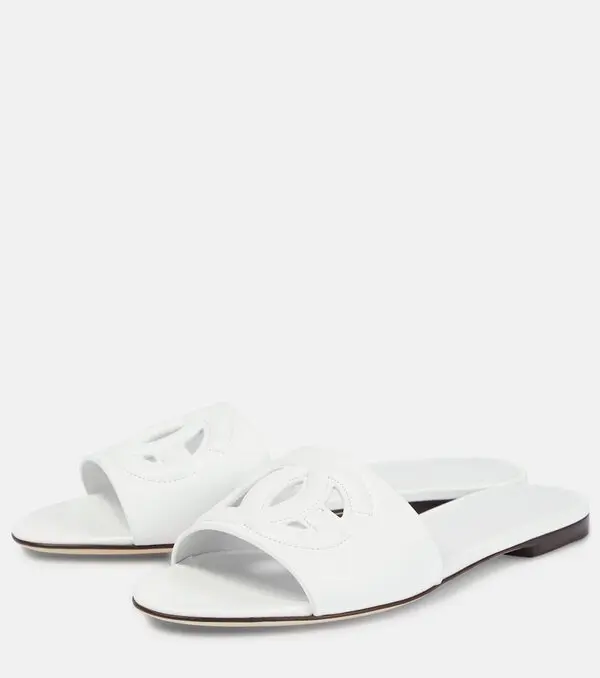 Dolce & Gabbana Logo Cutout Leather Slides - White