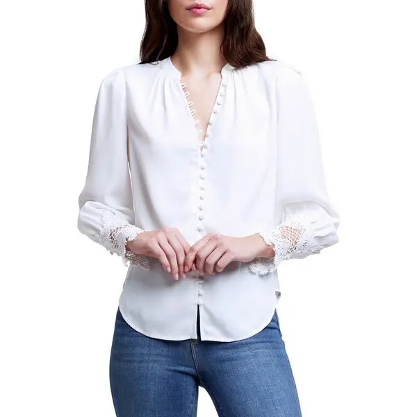 L'Agence Ava Lace Cuff Button-up Blouse - Ivory