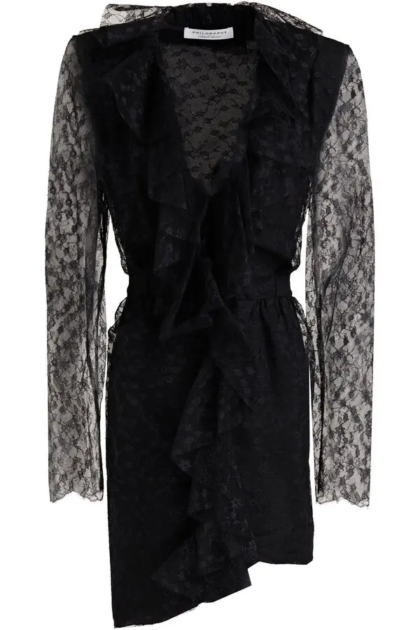 Philosophy Di Lorenzo Serafini Belted Ruffled Leavers Lace Dress In Black -  80% Off | Editorialist