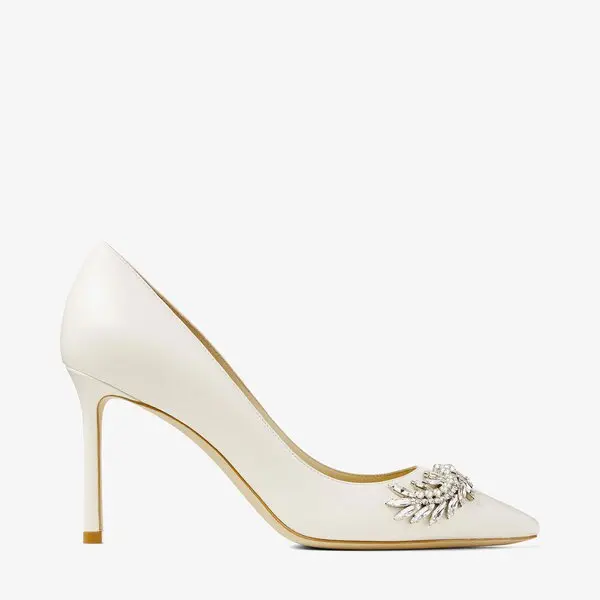 JIMMY CHOO Romy 85 Latte Nappa Leather Pointed-toe Pumps With Crystal Embellishment