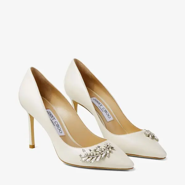 JIMMY CHOO Romy 85 Latte Nappa Leather Pointed-toe Pumps With Crystal Embellishment