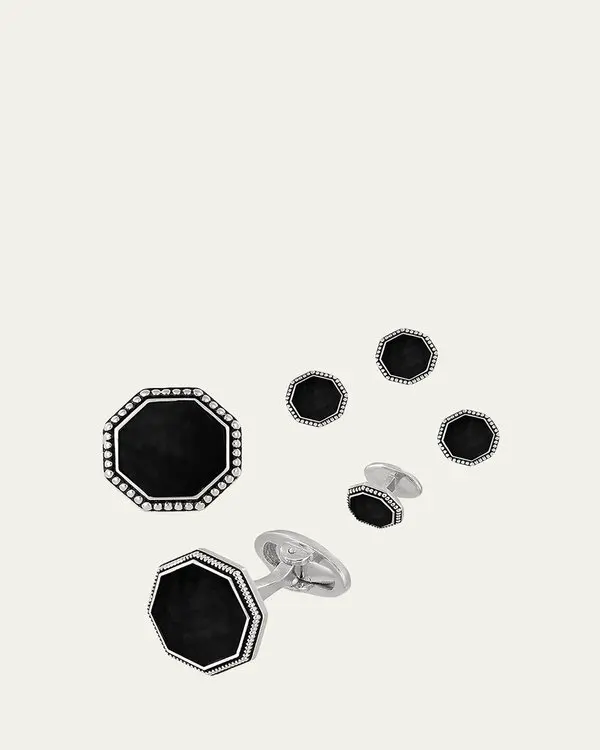 JAN LESLIE Beaded Octagonal Onyx Cufflinks Studs Set - Silver