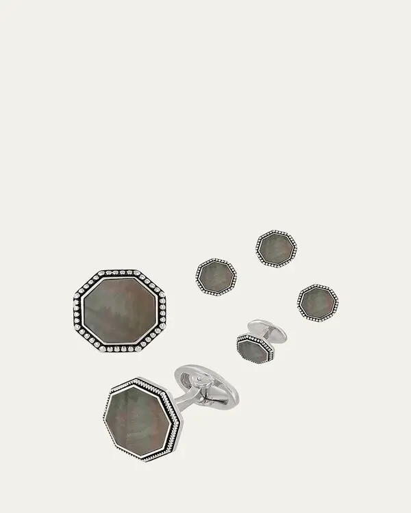 JAN LESLIE Beaded Octagonal Mother-of-pearl Cuff Links Studs Set - One-color