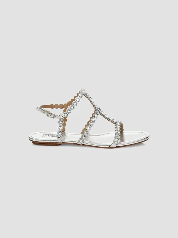 AQUAZZURA Tequila Crystal-embellished Metallic Leather Flat Sandals - Silver
