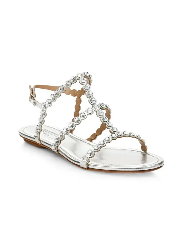 AQUAZZURA Tequila Crystal-embellished Metallic Leather Flat Sandals - Silver