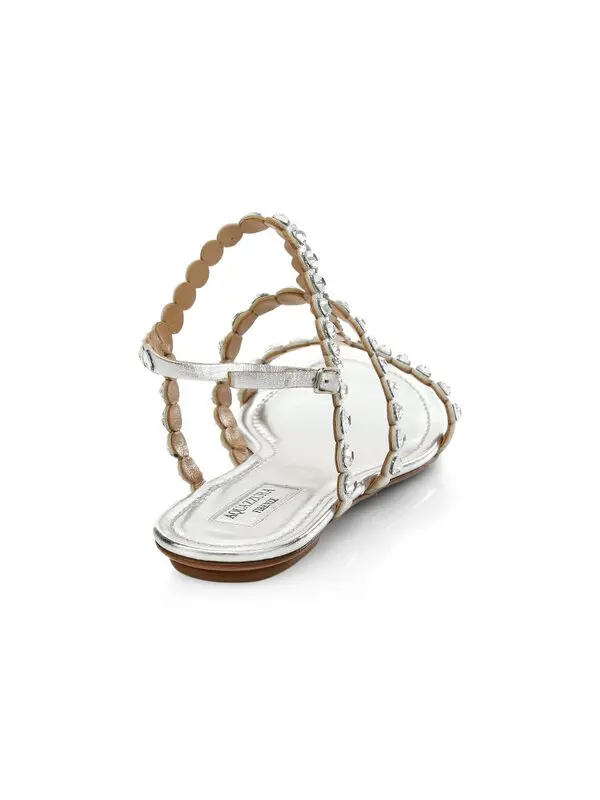 AQUAZZURA Tequila Crystal-embellished Metallic Leather Flat Sandals - Silver