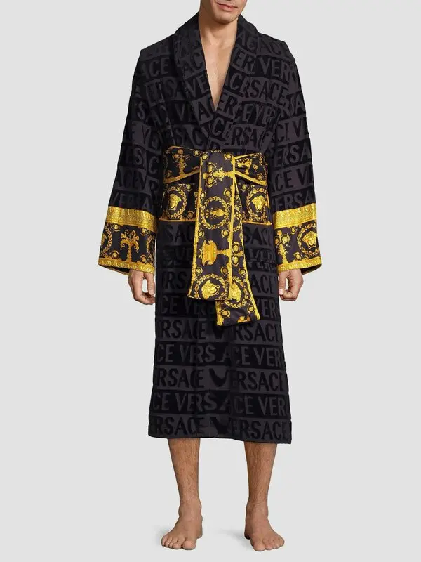 Versace Logo Baroque Bathrobe - Black