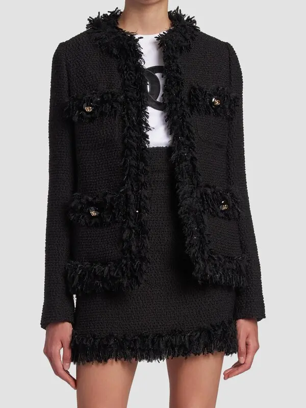 Dolce & Gabbana Boucle Knit Fringe Trim Jacket