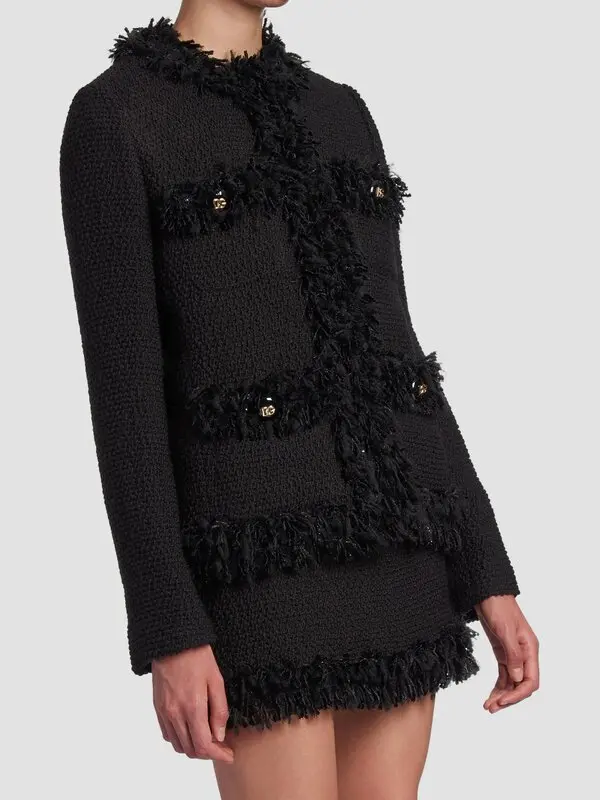 Dolce & Gabbana Boucle Knit Fringe Trim Jacket