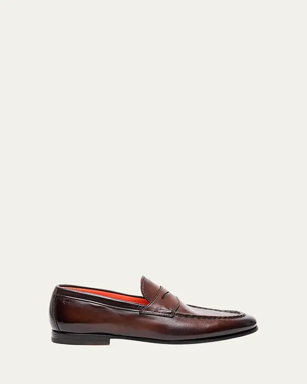 Santoni Burnished Leather Penny Loafers - Brown
