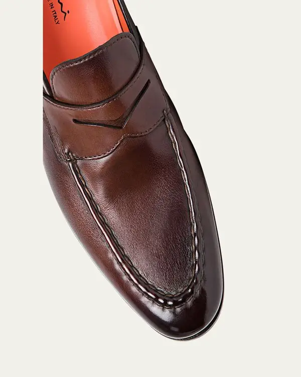 Santoni Burnished Leather Penny Loafers - Brown