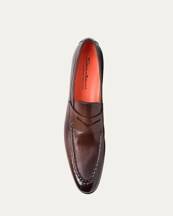 Santoni Burnished Leather Penny Loafers - Brown