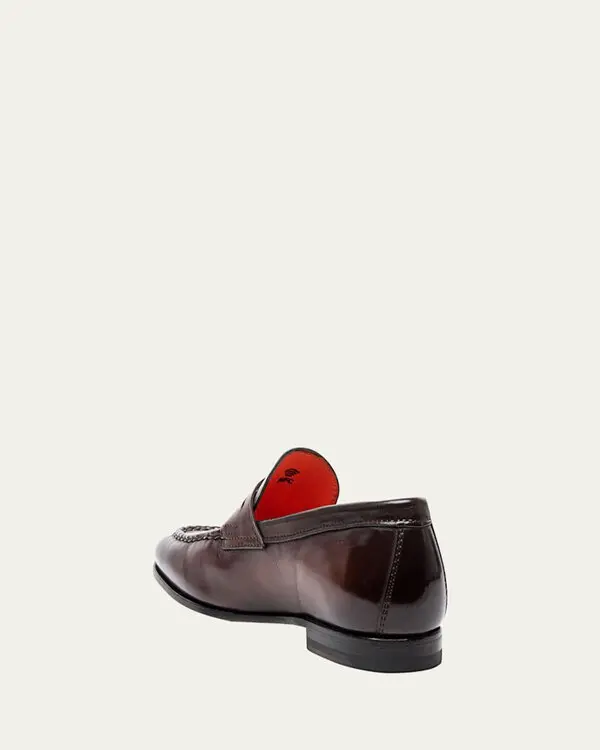 Santoni Burnished Leather Penny Loafers - Brown