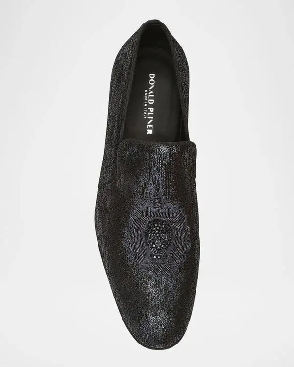 DONALD PLINER Spencer Distressed Metallic Skull Loafers - Blue