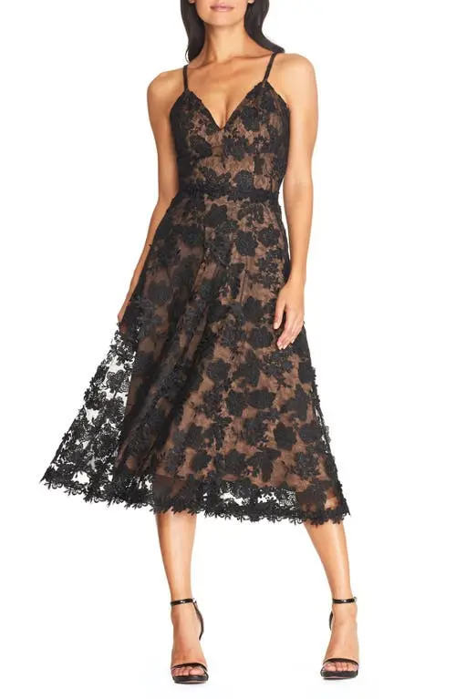 Dress The Population Tahani Floral Embroidered Fit & Flare Midi Dress - Black/nude