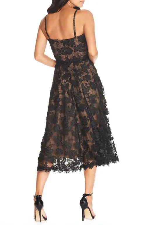 Dress The Population Tahani Floral Embroidered Fit & Flare Midi Dress - Black/nude