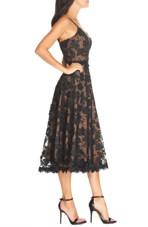 Dress The Population Tahani Floral Embroidered Fit & Flare Midi Dress - Black/nude