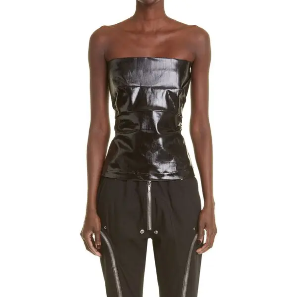 Rick Owens Lacquered Stretch Denim Strapless Bustier Top