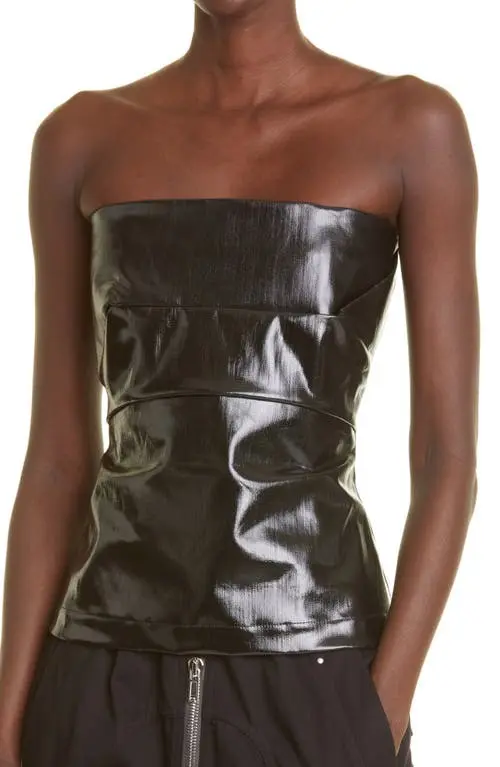 Rick Owens Lacquered Stretch Denim Strapless Bustier Top