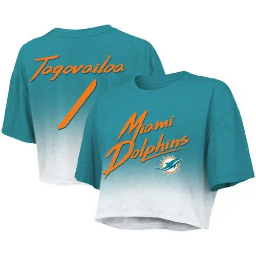 MAJESTIC THREADS Miami Dolphins Tua Tagovailoa Dip-dye Crop Top - Aqua