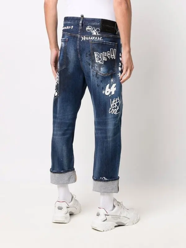 Dsquared2 Graffiti Print Turn-Up Jeans In Blue - 60% Off