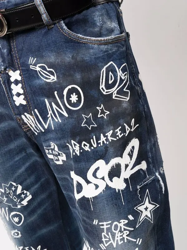 Dsquared2 Graffiti Print Turn-Up Jeans In Blue - 60% Off