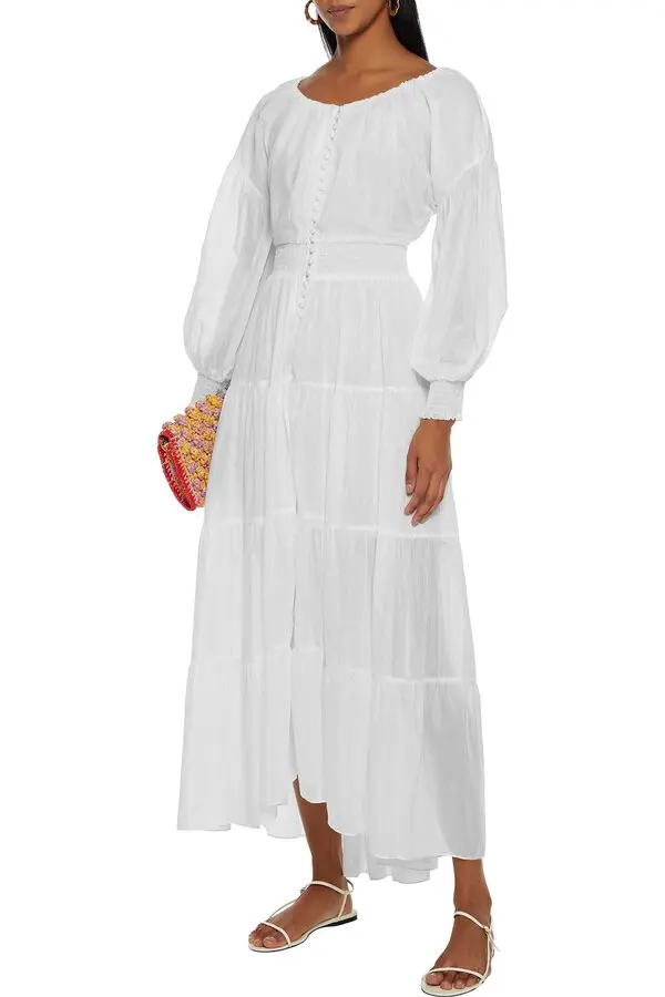 off shoulder blouse dress Whipped Cream Ruffle Sheer Top