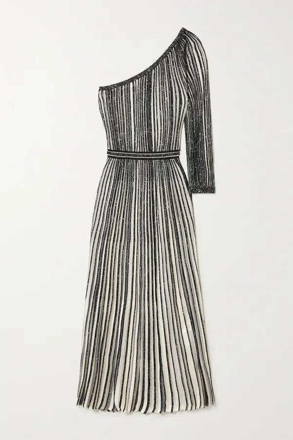 Missoni One-Sleeve Sequin-Embellished Striped Crochet-Knit Maxi Dress -  Black | Editorialist