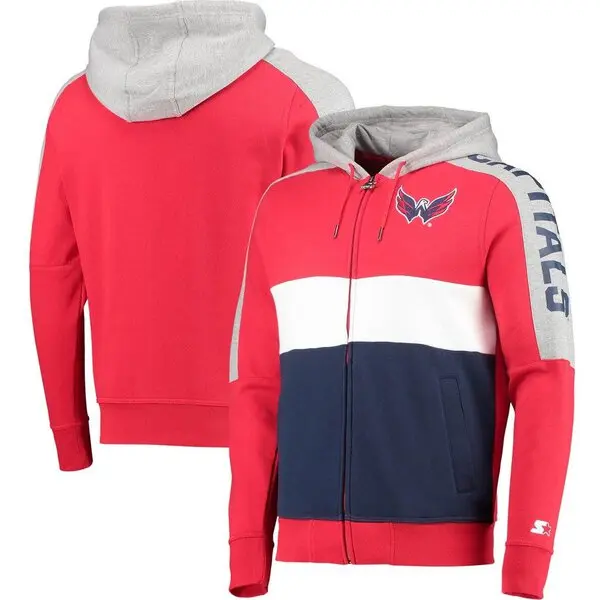 STARTER Navy Washington Capitals Playoffs Color Block Full-zip Hoodie - Red