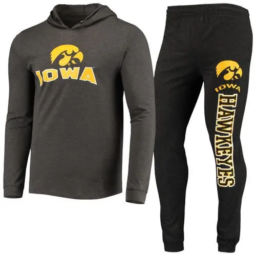 CONCEPTS SPORT Heather Charcoal Iowa Hawkeyes Meter Long Sleeve Hoodie T-shirt & Jogger Pajama Set - Black