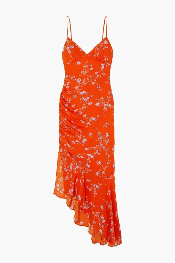NICHOLAS Asymmetric Ruched Printed Silk-chiffon Midi Slip Dress - Tomato Red