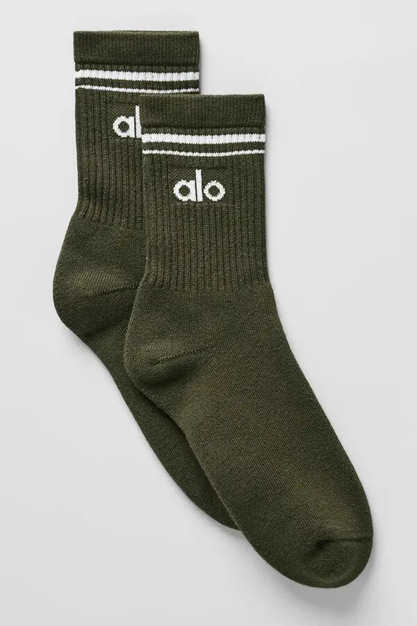 Alo Yoga Half-crew Throwback Socks - Green Olive/white