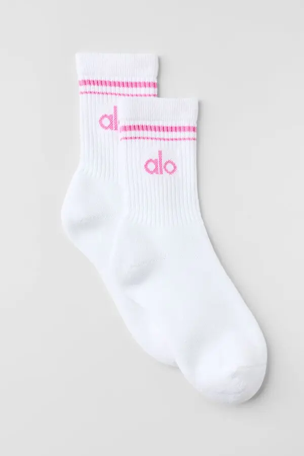 Alo Yoga Half-crew Throwback Socks With Stripe Detail - White/paradise Pink