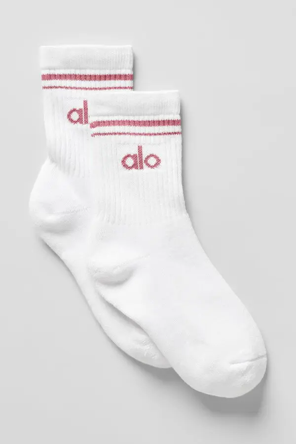 Alo Yoga Half-crew Throwback Socks - White/pink Wild Rose
