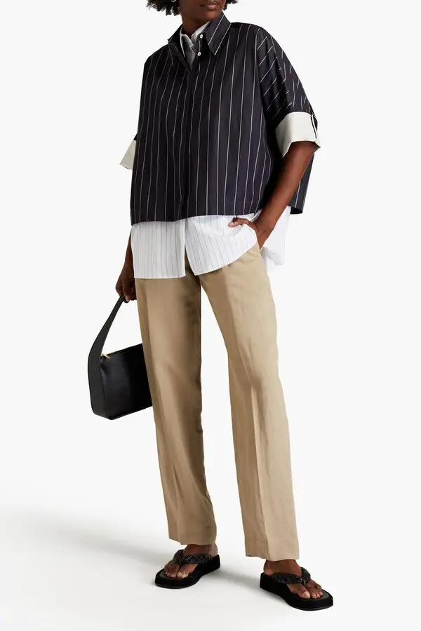 Brunello Cucinelli Layered Pinstriped Linen And Cotton Poplin Shirt - Charcoal