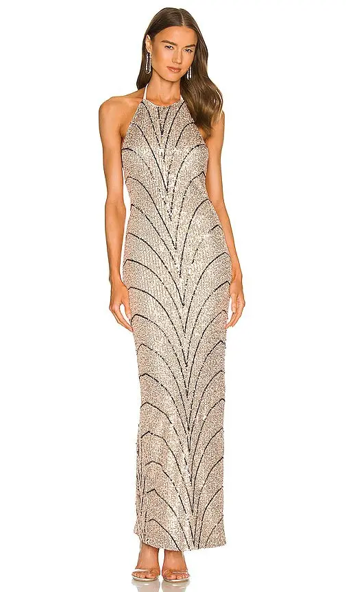 Michael Costello X Coreen Gown In Nude - Champagne & Black | Editorialist