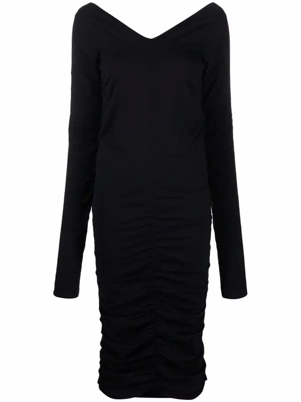 Helmut Lang Ruched V-neck Long Sleeve Midi Dress - Black