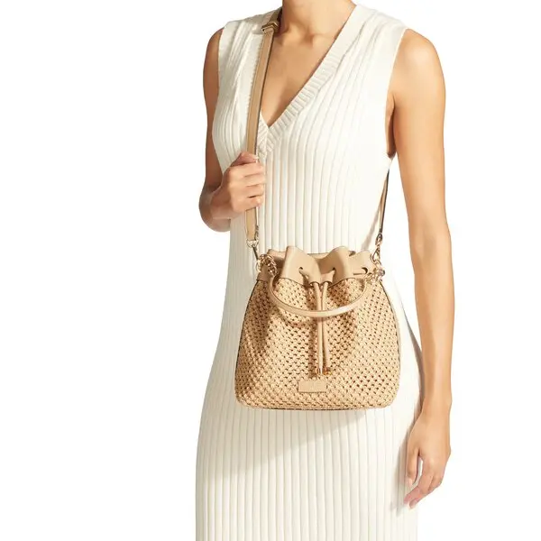 JIMMY CHOO Bon Bon Bucket Barley Raffia Net Bucket Bag