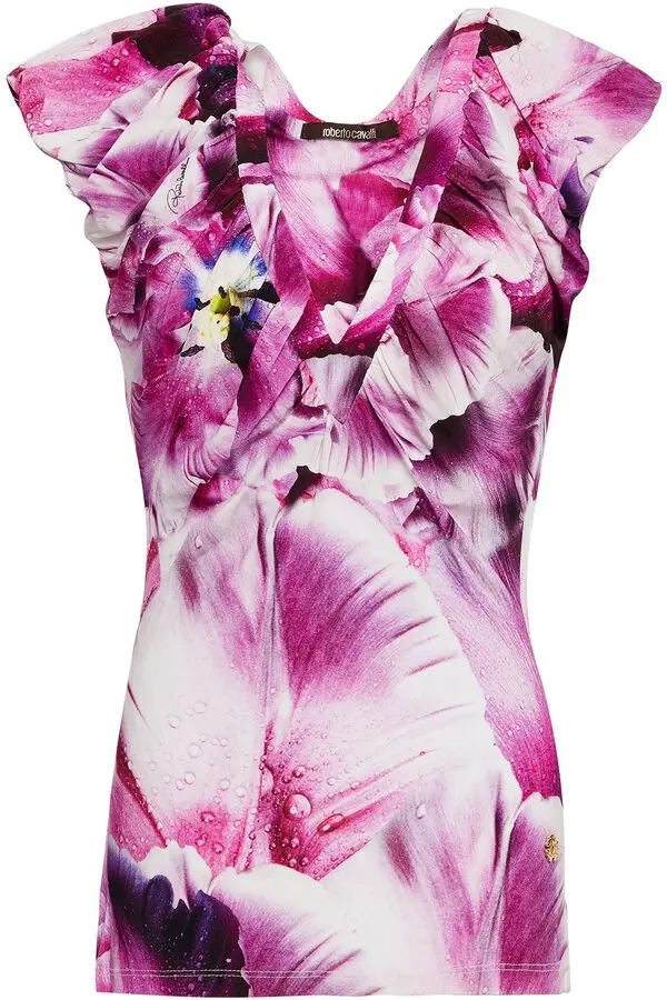 Roberto Cavalli Ruched Floral Print Stretch Jersey Top